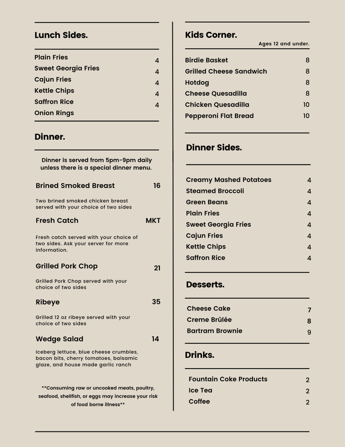 Tavern on the Trail – Menus – Bartram Trail Golf Club